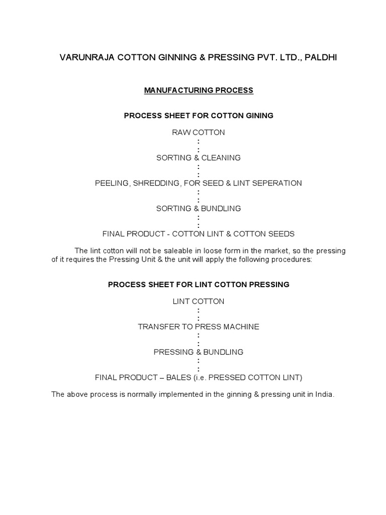 Cotton Ginning and Pressing Process | PDF | Cotton | Textiles