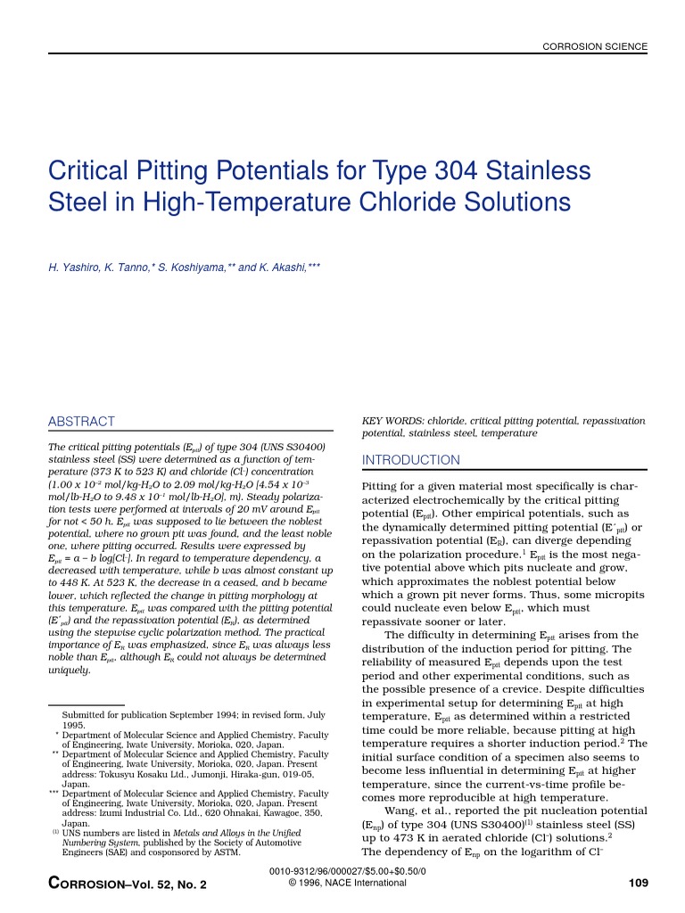 Critical Pitting Potentials For Type 304 Stainless Steel in High ...