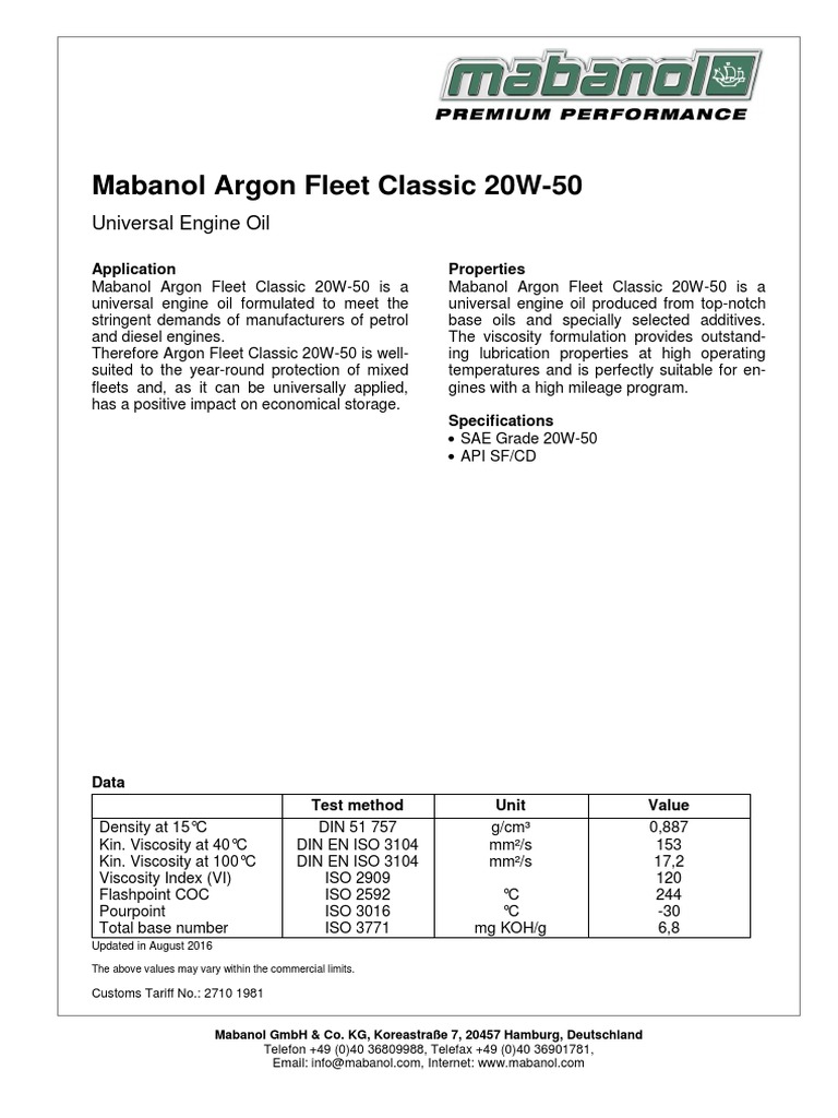 Mabanol Argon Fleet Classic 20W-50: Universal Engine Oil | PDF ...