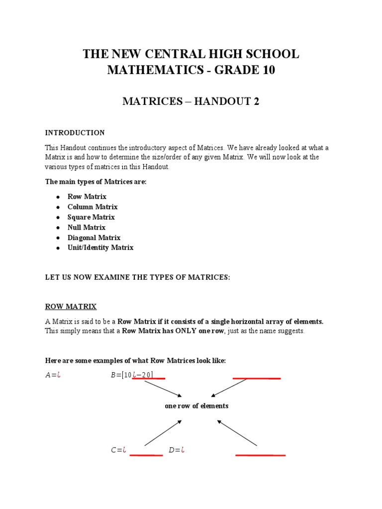 Matrices Handout Explains Types Like Row, Column, Square | PDF | Matrix (Mathematics) | Matrix ...