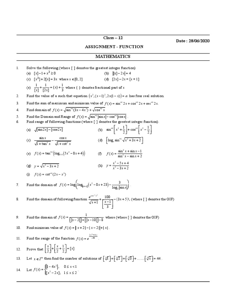 Functions Sheet - (28-06-2020) - E | PDF | Function (Mathematics ...