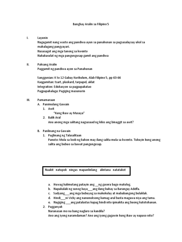 Banghay Aralin Sa Filipino 5 | PDF
