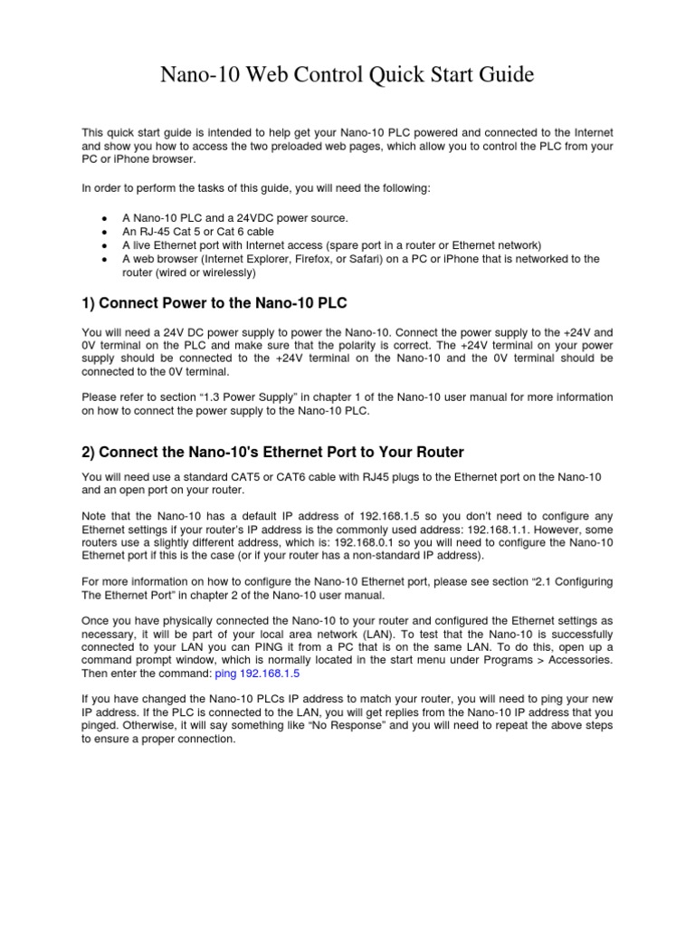 Nano-10 Web Control Quick Start Guide: 1) Connect Power To The Nano-10 ...