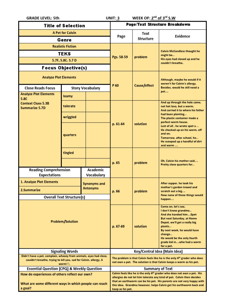 Unit 3-A Pet For Calvin-Ts Planning Guide-Grade 5 | PDF
