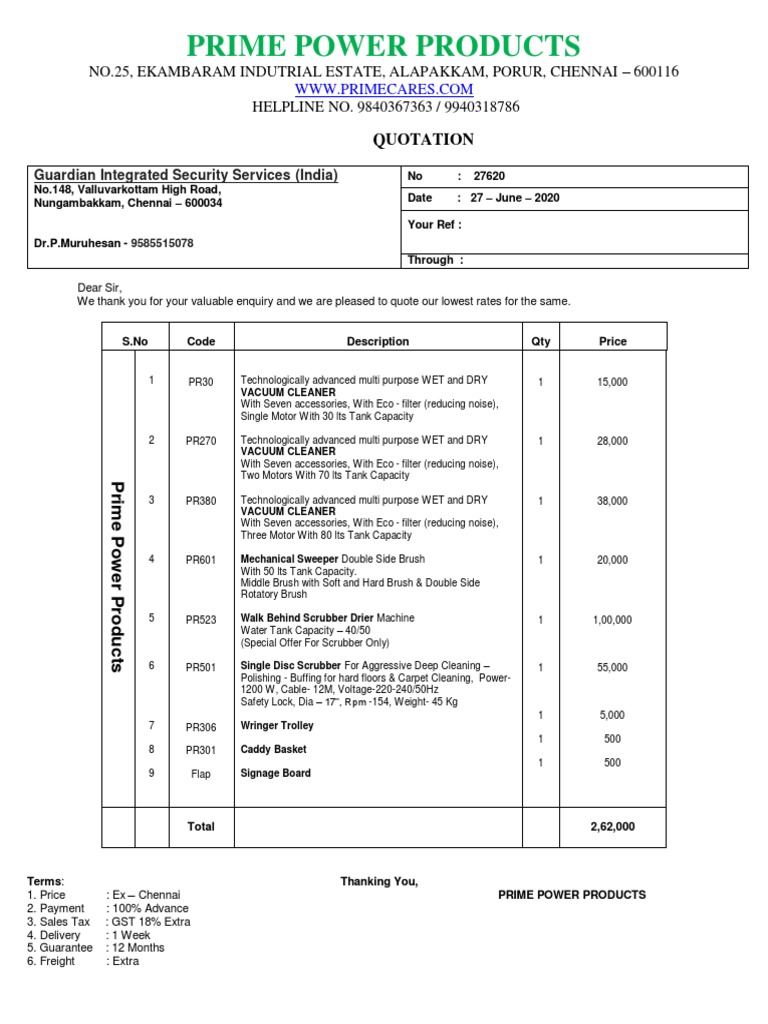 Prime Power Products - Machinery Quotation | PDF | Vacuum Cleaner ...
