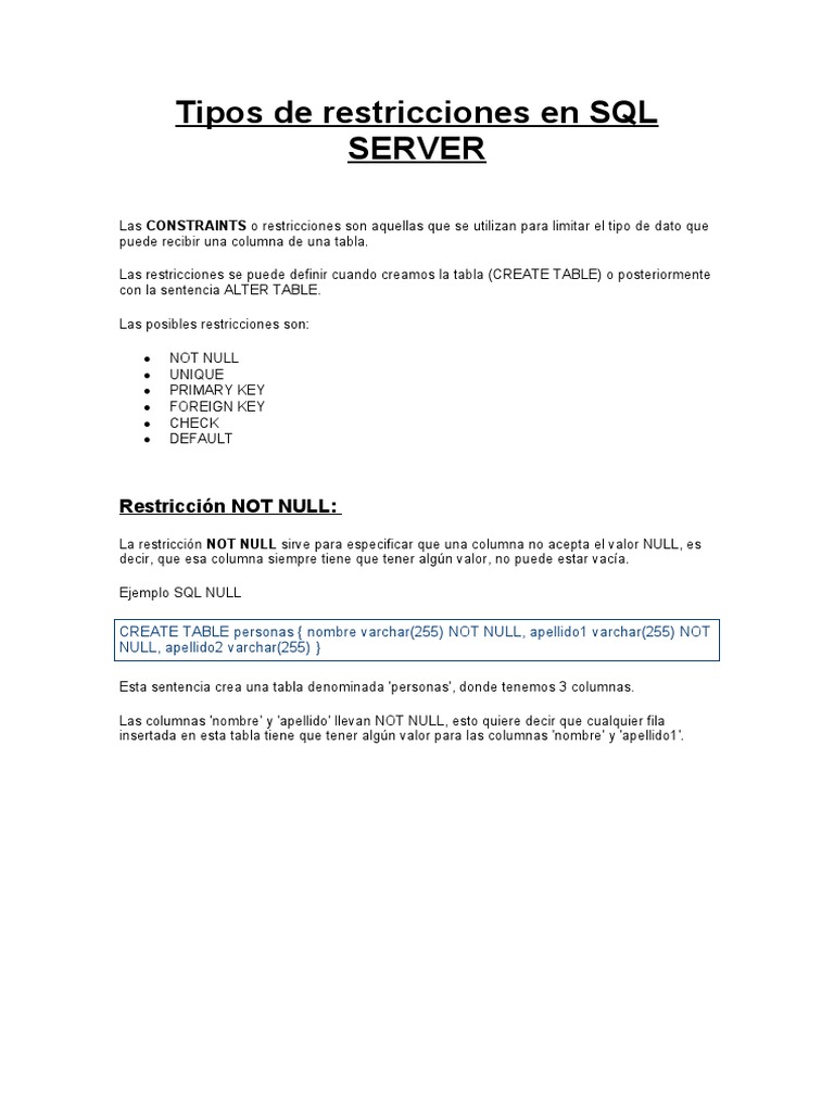 Restricciones en SQL Server | PDF | SQL | Servidor SQL de Microsoft