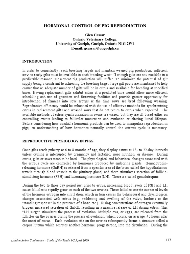 Hormonal Control of Pig Reproduction | PDF | Luteinizing Hormone ...
