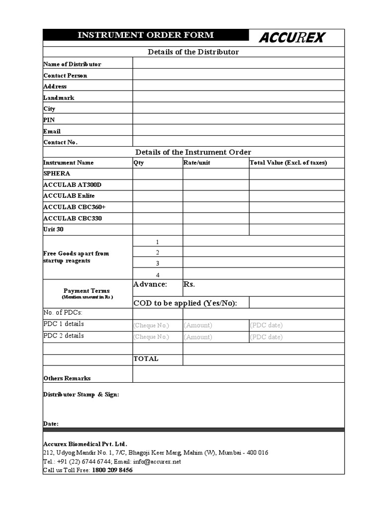 Instrument Order Form - Distributor | PDF