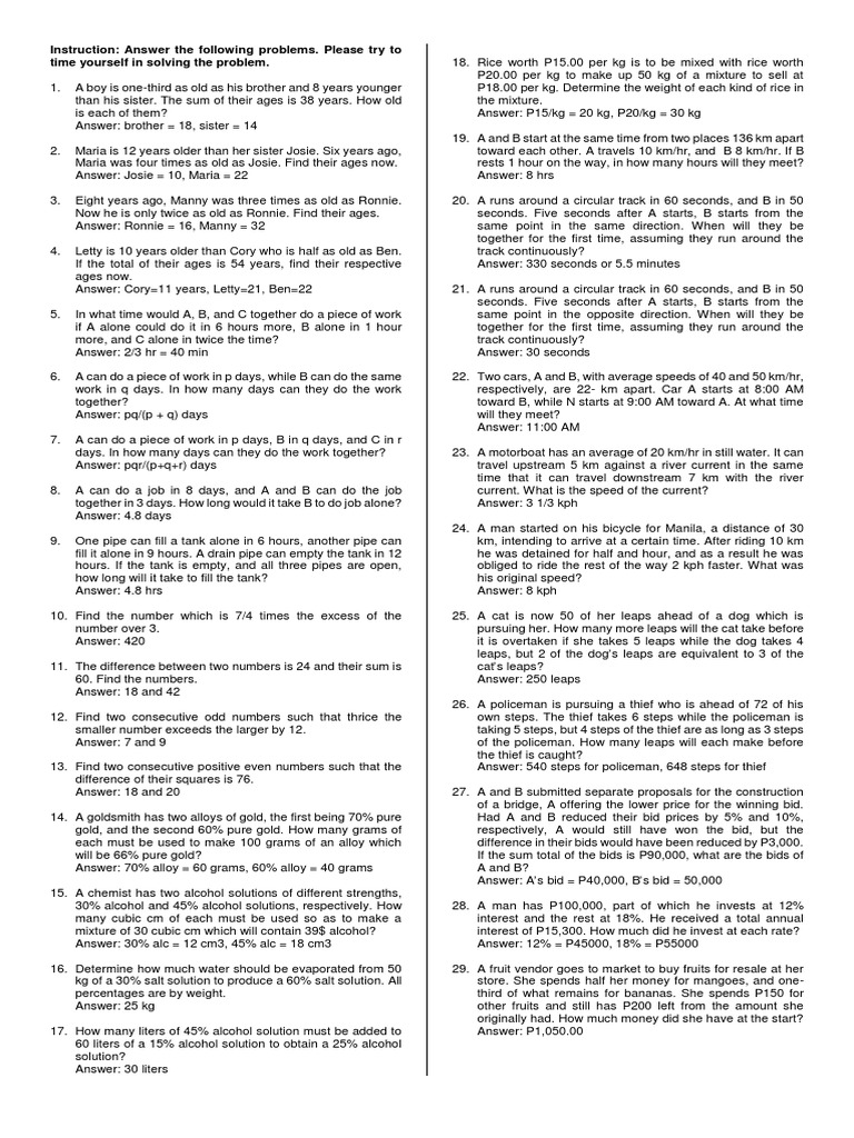 Instruction: Answer The Following Problems. Please Try To Time Yourself ...