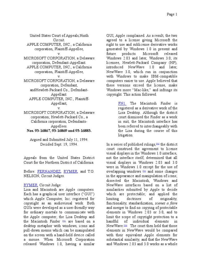 Apple Computer V Microsoft (Copyright) | PDF | Substantial Similarity | Graphical User Interfaces