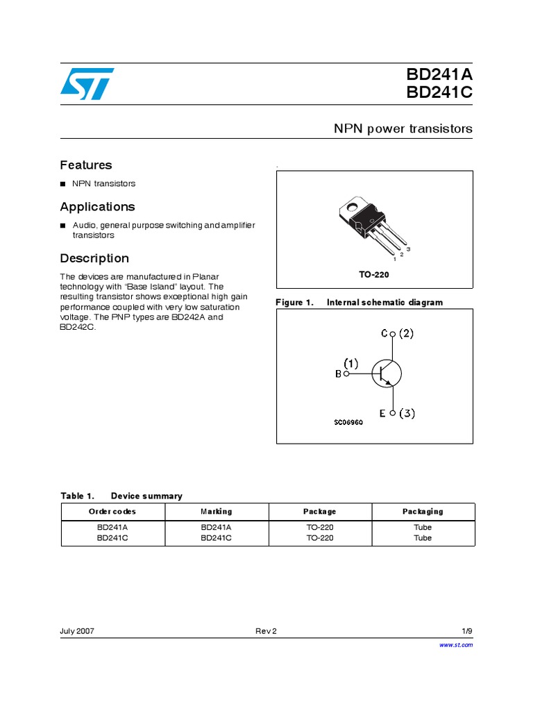BD241A BD241C: Features | PDF | Bipolar Junction Transistor | Transistor