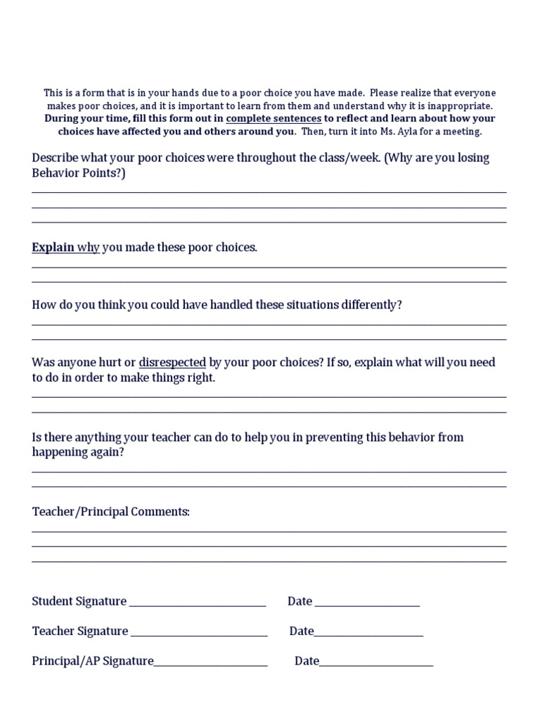 Reflection Form for Poor Choices | PDF | Social Science
