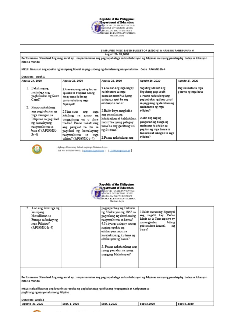 Aral Pan 6 Budgetted Lesson Plan | PDF