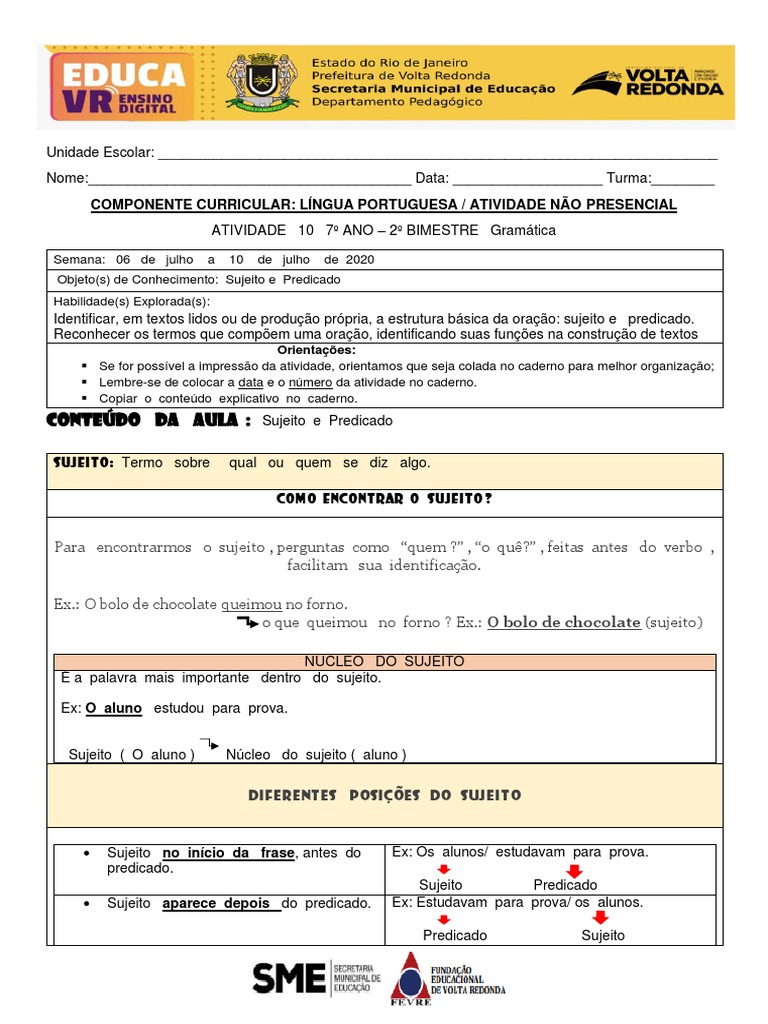 Atividade 10 Gramática 7 Ano | PDF | Assunto (gramática) | Predicado ...