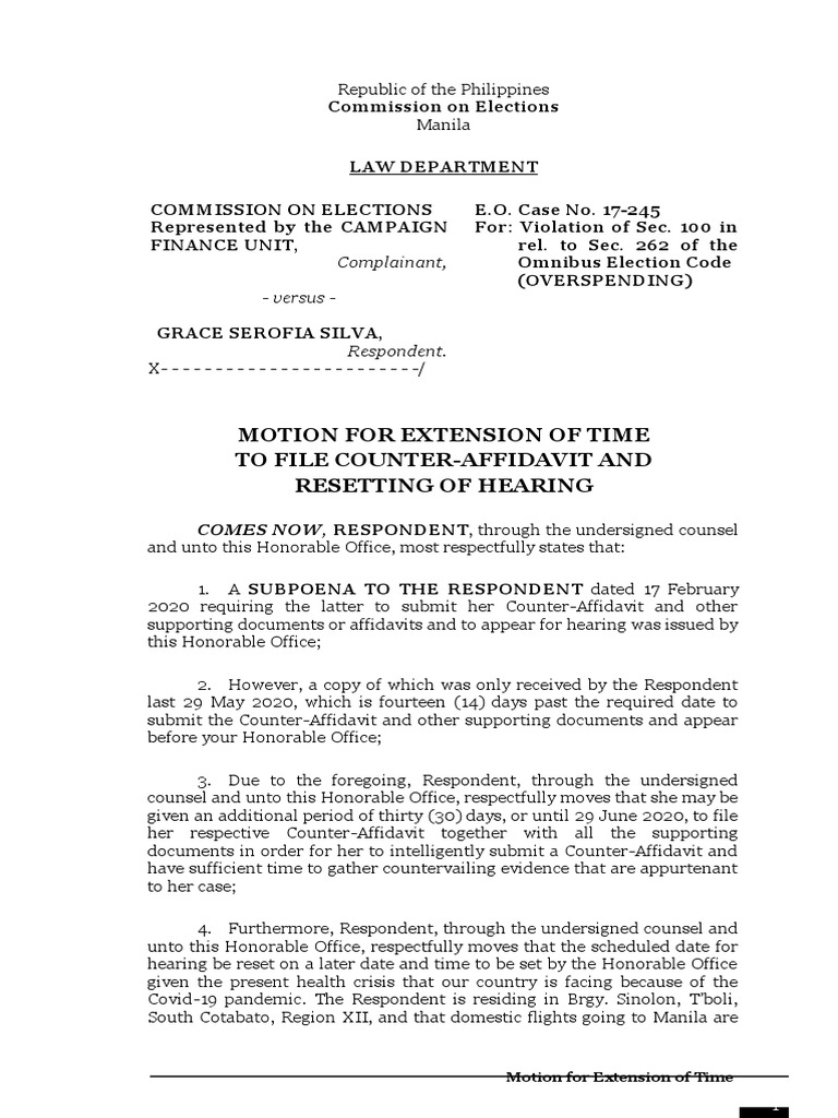 Motion For Extension of Time - Counter-Affidavit - Silva | PDF | Common ...
