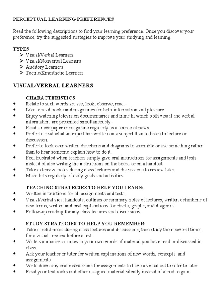 Visual/Verbal Learners: Perceptual Learning Preferences | PDF | Lecture ...