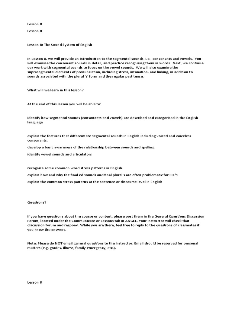 Lesson 8: An Introduction to the English Sound System | PDF | Consonant ...