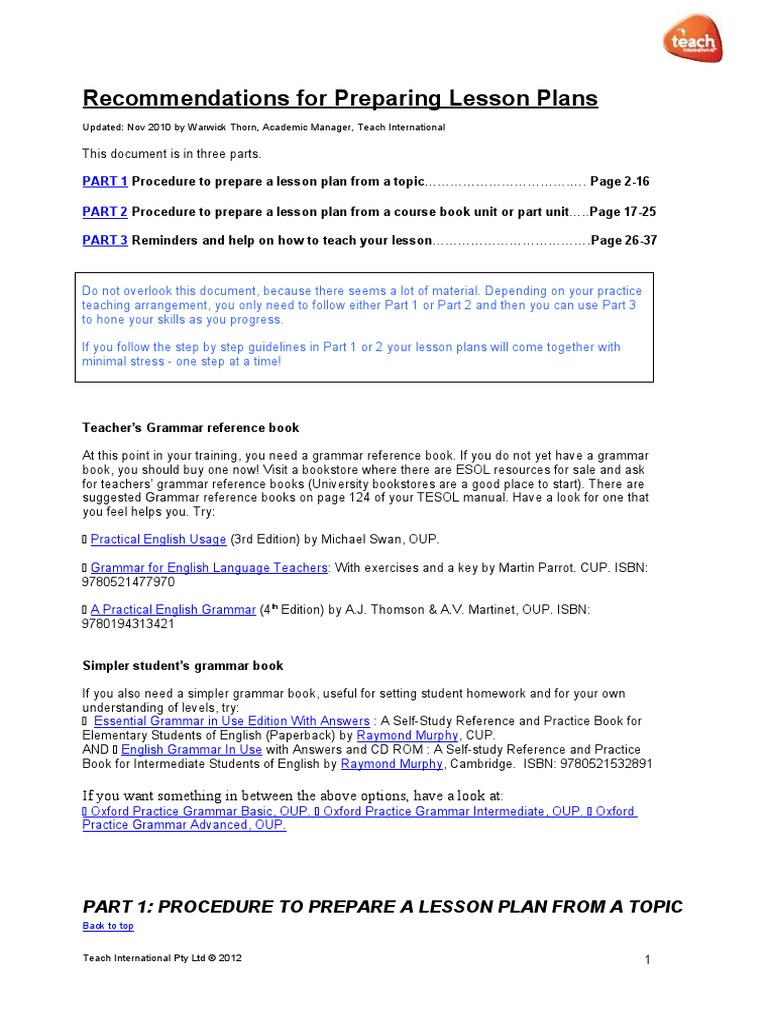 Recommendations For Preparing Lesson Plans: Part 1: Procedure To ...