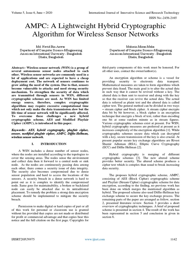 Ampc A Lightweight Hybrid Cryptographic Algorithm For Wireless Sensor Networks Pdf