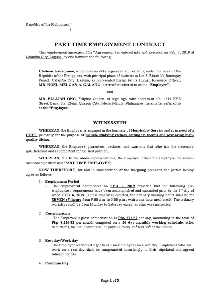 Part Time Employment Contract: Witnesseth | PDF | Working Time | Overtime