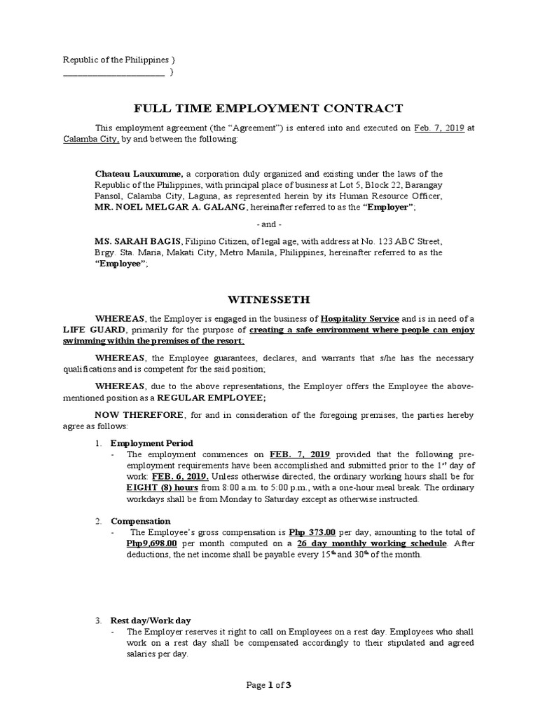 Full Time Employment Contract: Witnesseth | PDF | Working Time | Overtime