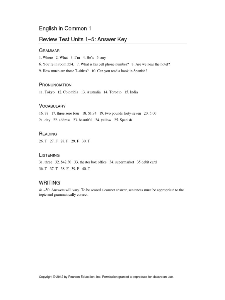 English in Common 1 Review Test Units 1-5: Answer Key | PDF