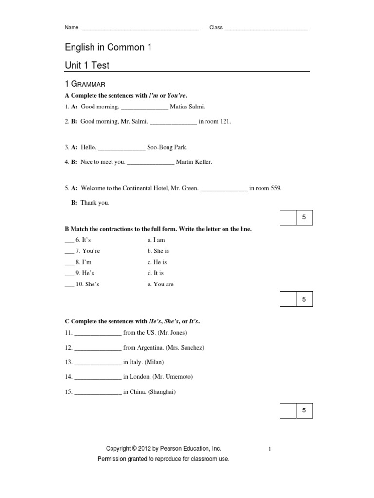English in Common 1 Unit 1 Test: A Complete The Sentences With I'm or ...