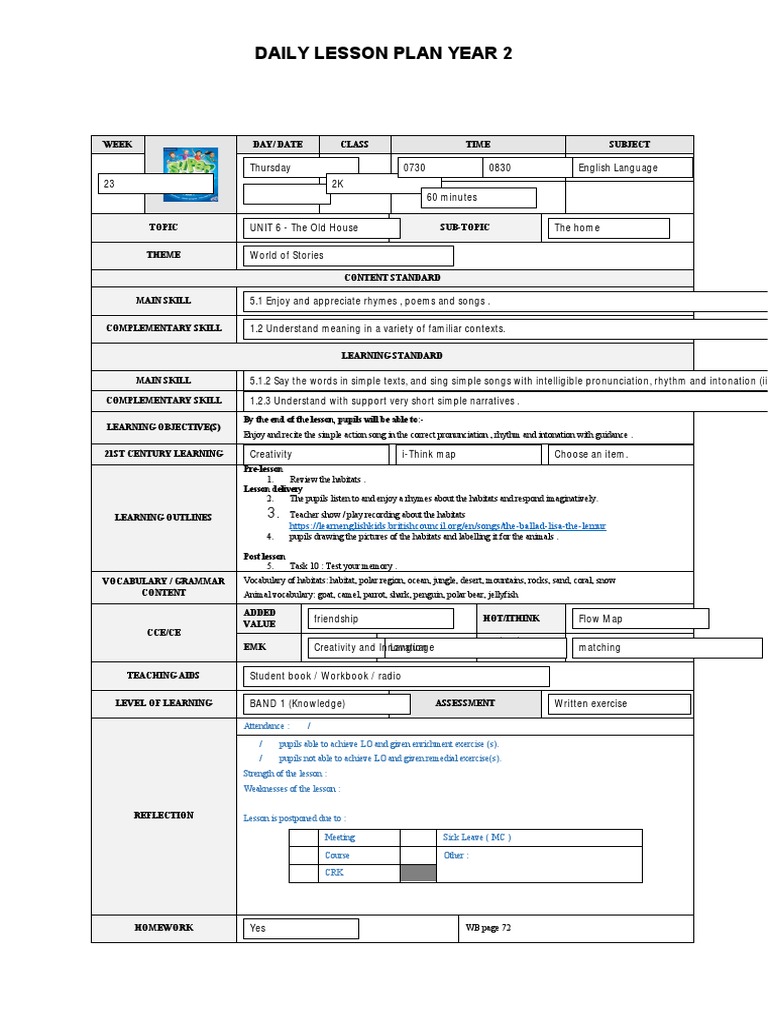 Daily Lesson Plan Year 2 | PDF | Lesson Plan | Vocabulary
