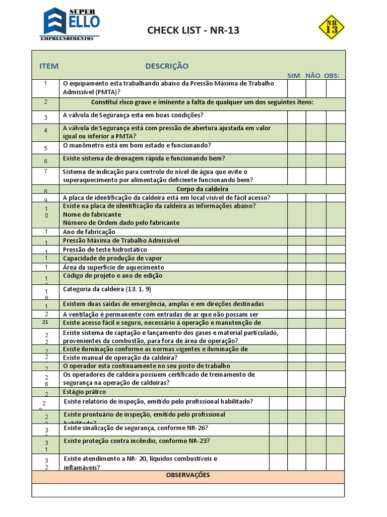 Check List NR 13 Segurança | PDF | Caldeira | Pressão