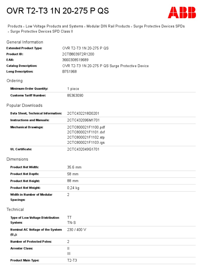 OVR T2-T3 1N 20-275 P QS: General Information | PDF | Fuse (Electrical ...