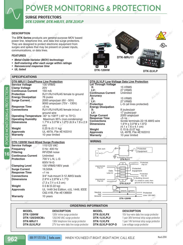 DTK-120HW, DTK-MRJ11, DTK-2LVLP: Surge Protectors | PDF | Equipment ...