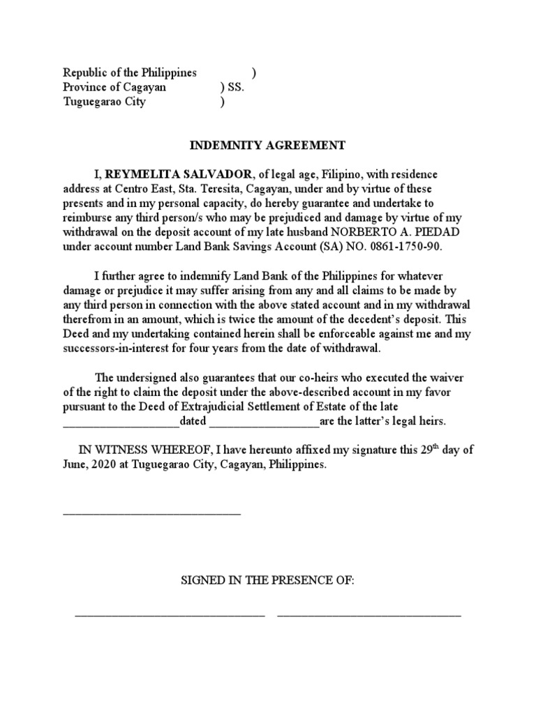 Indemnity Agreement | PDF | Indemnity | Law And Economics