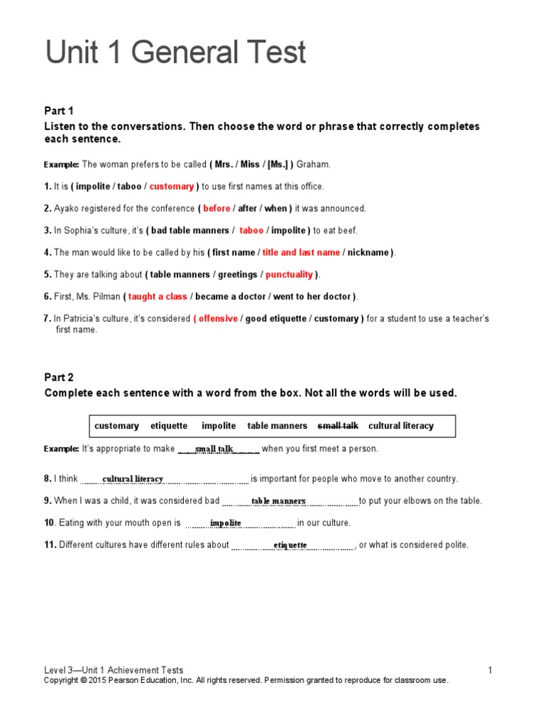 Unit 1 General Test: Listen To The Conversations. Then Choose The Word ...
