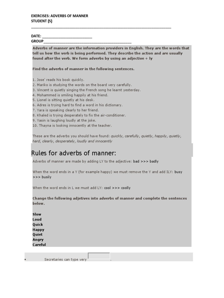 Adverbs of Manner Exercises | PDF | Adverb | Adjective