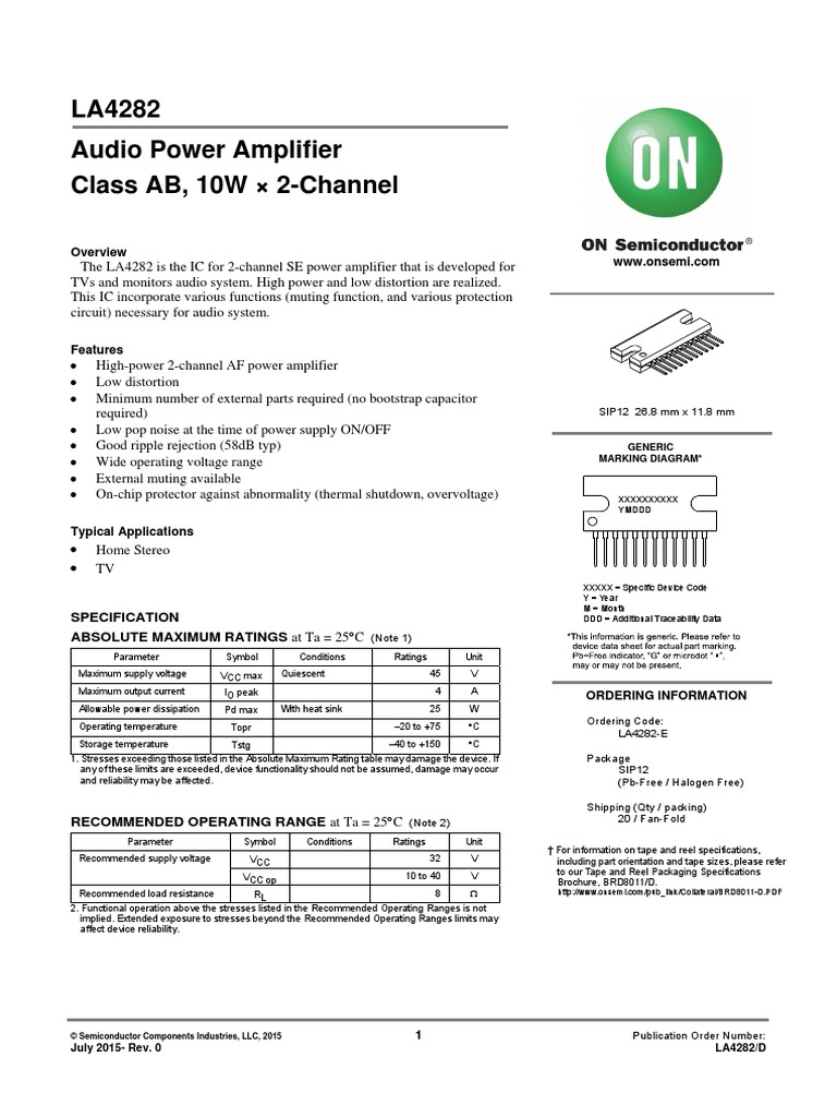 LA4282 Audio Power Amplifier Class AB, 10W × 2-Channel: Specification ...