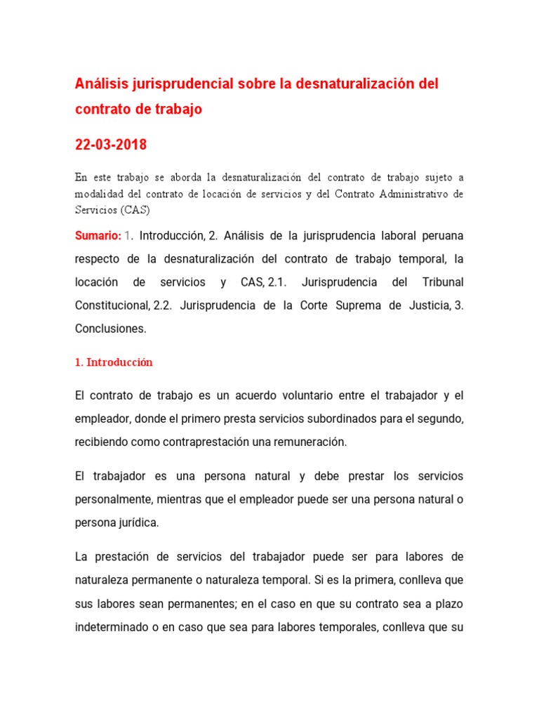 Análisis Jurisprudencial Sobre La Desnaturalización Del Contrato de Trabajo | PDF | Derecho ...
