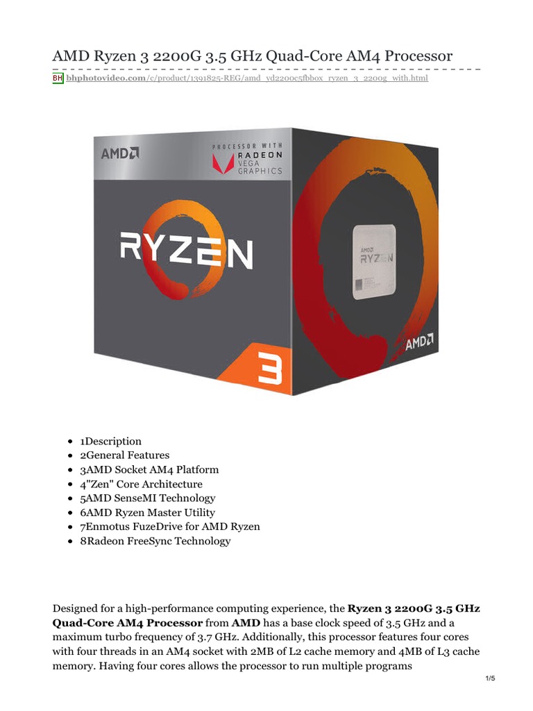 Amd Ryzen 3 2200g 35 Ghz Quad Core Am4 Processor Pdf Multi Core Processor Central