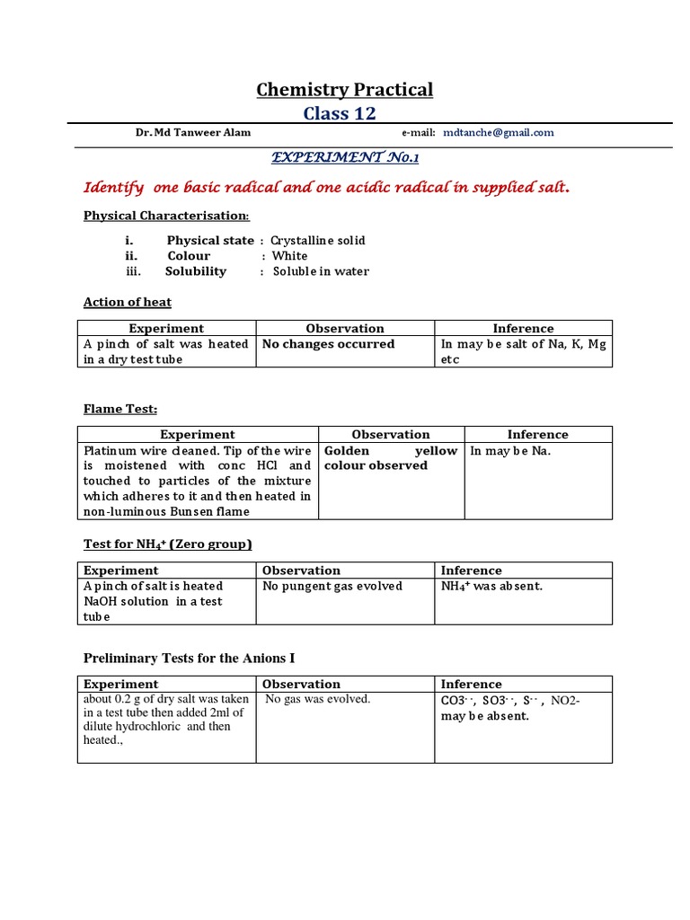 SALT ANALYSIS - Chemistry Practical XII PDF | PDF | Salt (Chemistry ...