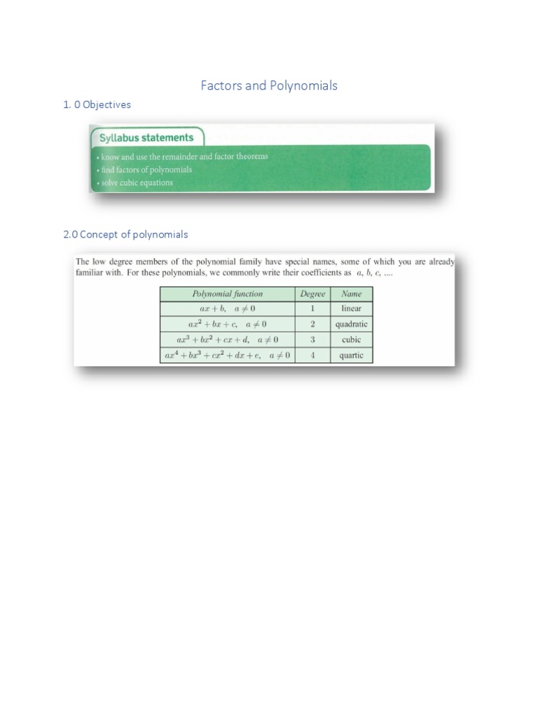 Factors and Polynomials Note 1 | PDF