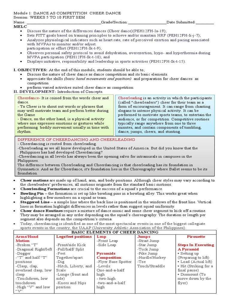 Module 1 Week 6 Pe and Health 12 Cheer Dance | PDF | Cheerleading | Sports