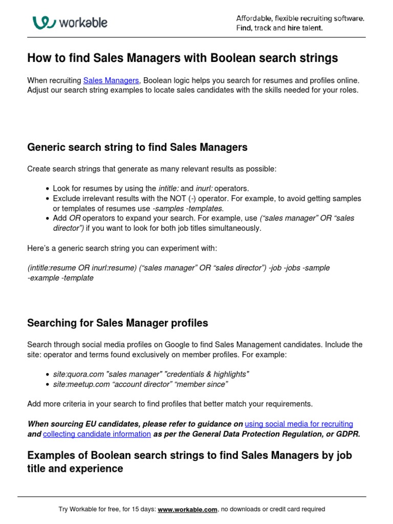 How To Find Sales Managers With Boolean Search Strings | PDF | Résumé ...