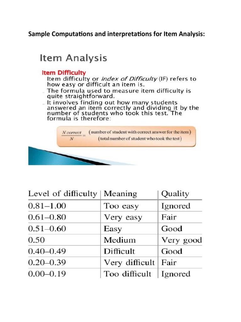 Sample Computations and Interpretations For Item Analysis | PDF