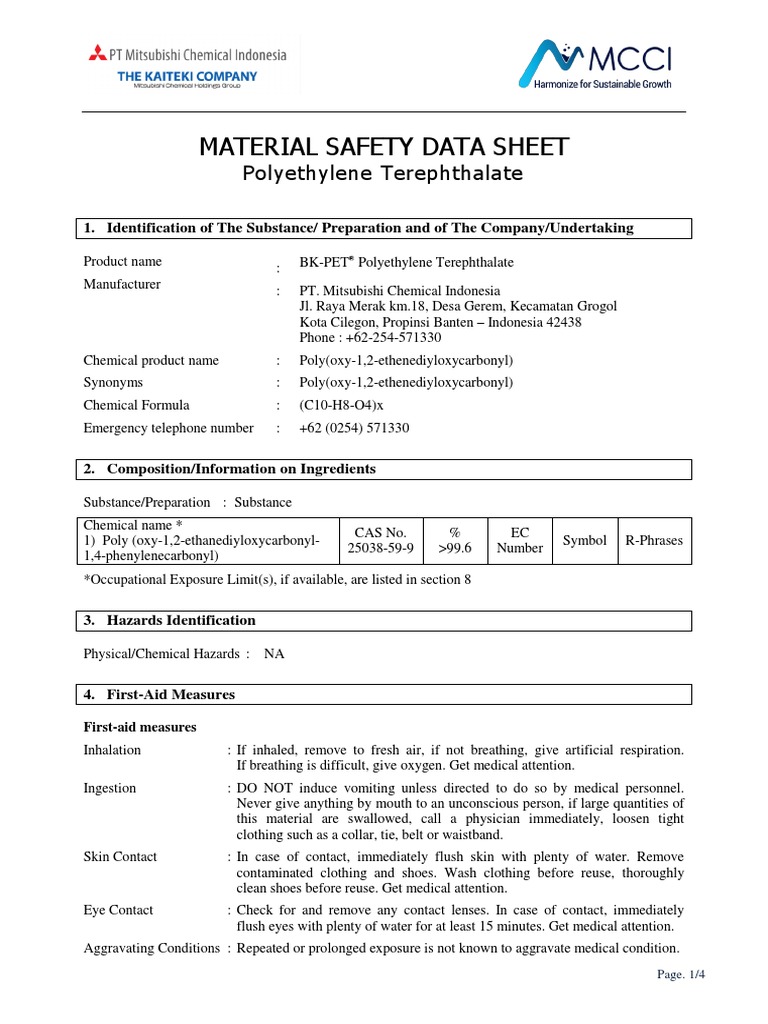 Material Safety Data Sheet: Polyethylene Terephthalate | PDF ...