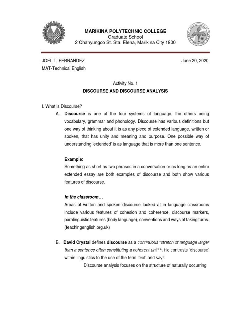 Discourse Analysis Activity No. 1 PDF | PDF | Discourse | Linguistics