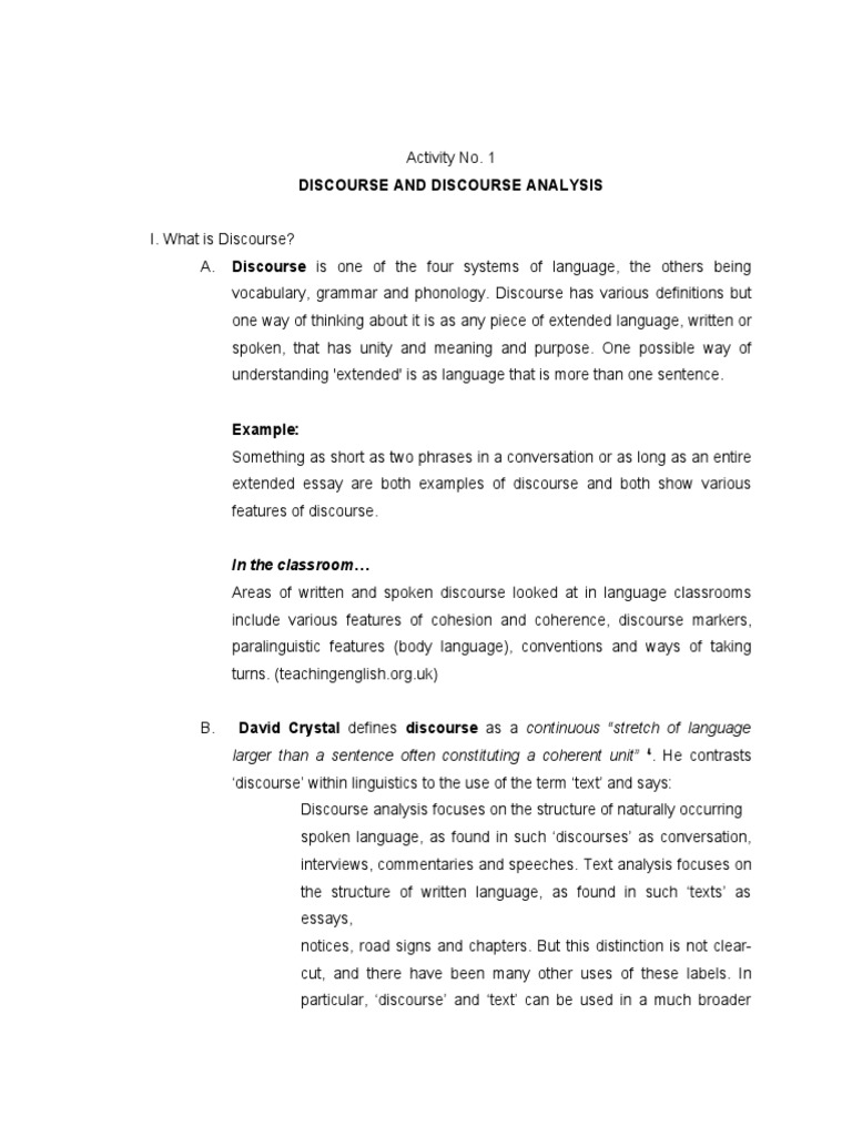 Discourse Analysis Activity No. 1 | PDF | Discourse | Symbols