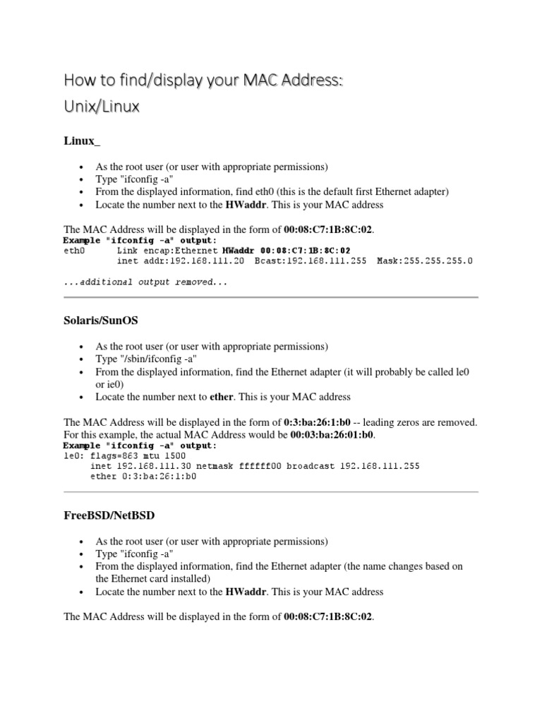 How To Find/display Your MAC Address: Unix/Linux | PDF | Computer ...