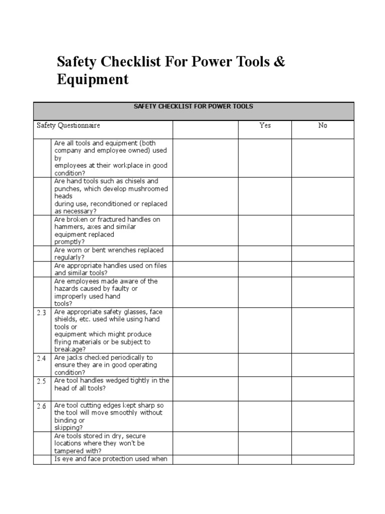 Power Tools Safety Inspection Checklist | PDF | Tools | Equipment