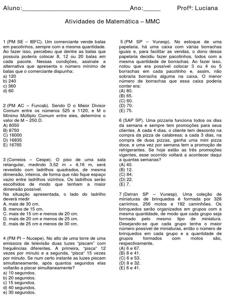 7º Ano - MMC | PDF | Lazer | Ensino de Matemática