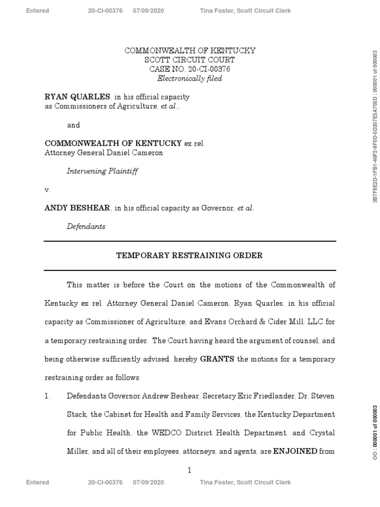 2020-7-9 Temporary Restraining Order Scott Circuit Judge | Kentucky ...