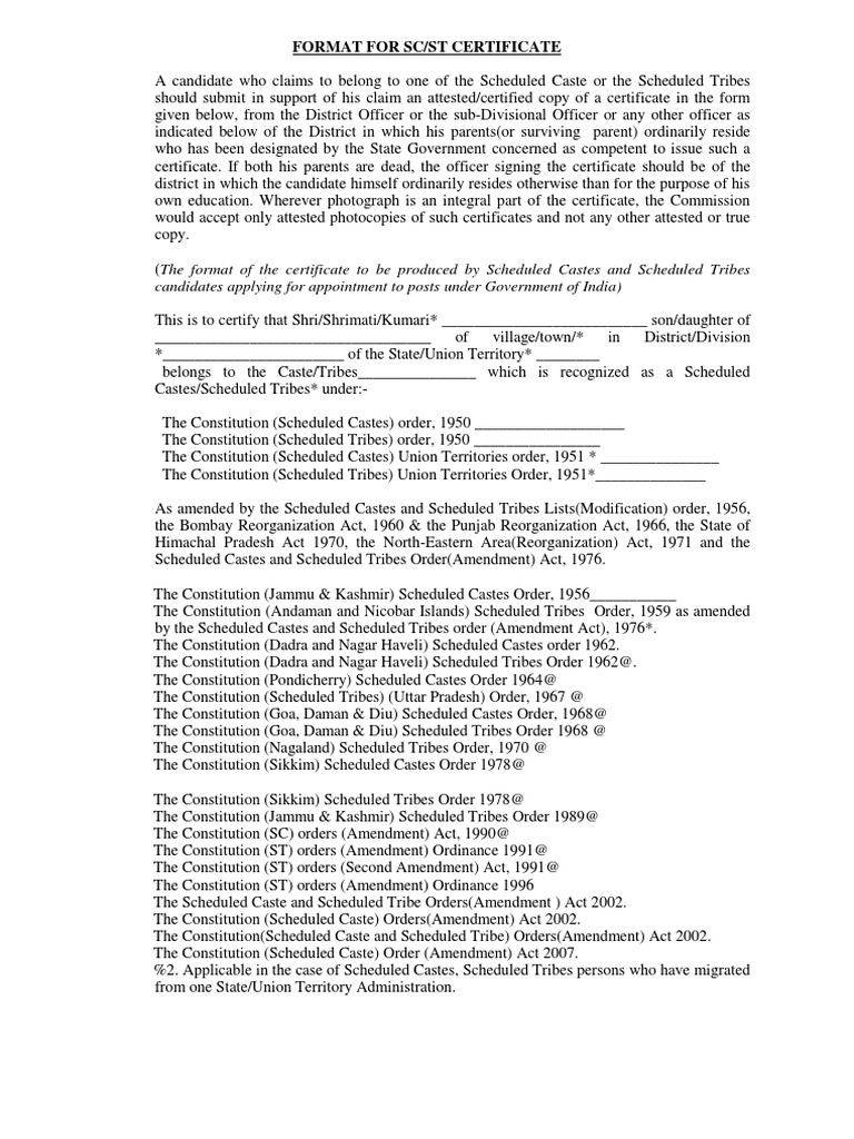 SC/ST Certificate Format Guide | PDF | Government Of India | Politics ...